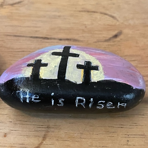 Hand Crafted | Accents | Hand Painted Rock He Is Risen And Cross Stone Black Purple Yellow Set ...